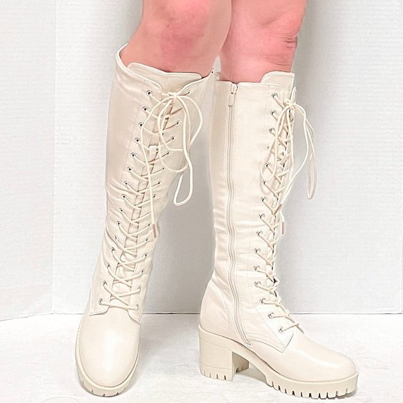 Shoes | New Ivory Knee High Platform Combat Lace Up Heel Boots | Poshmark